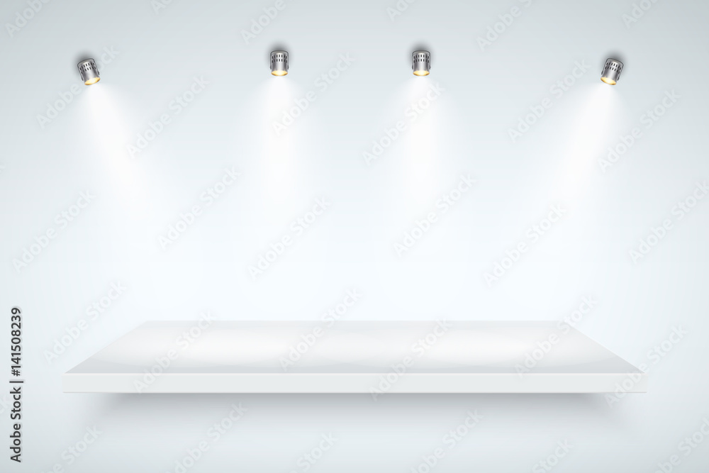 Light box with white presentation platform on light backdrop with four ...