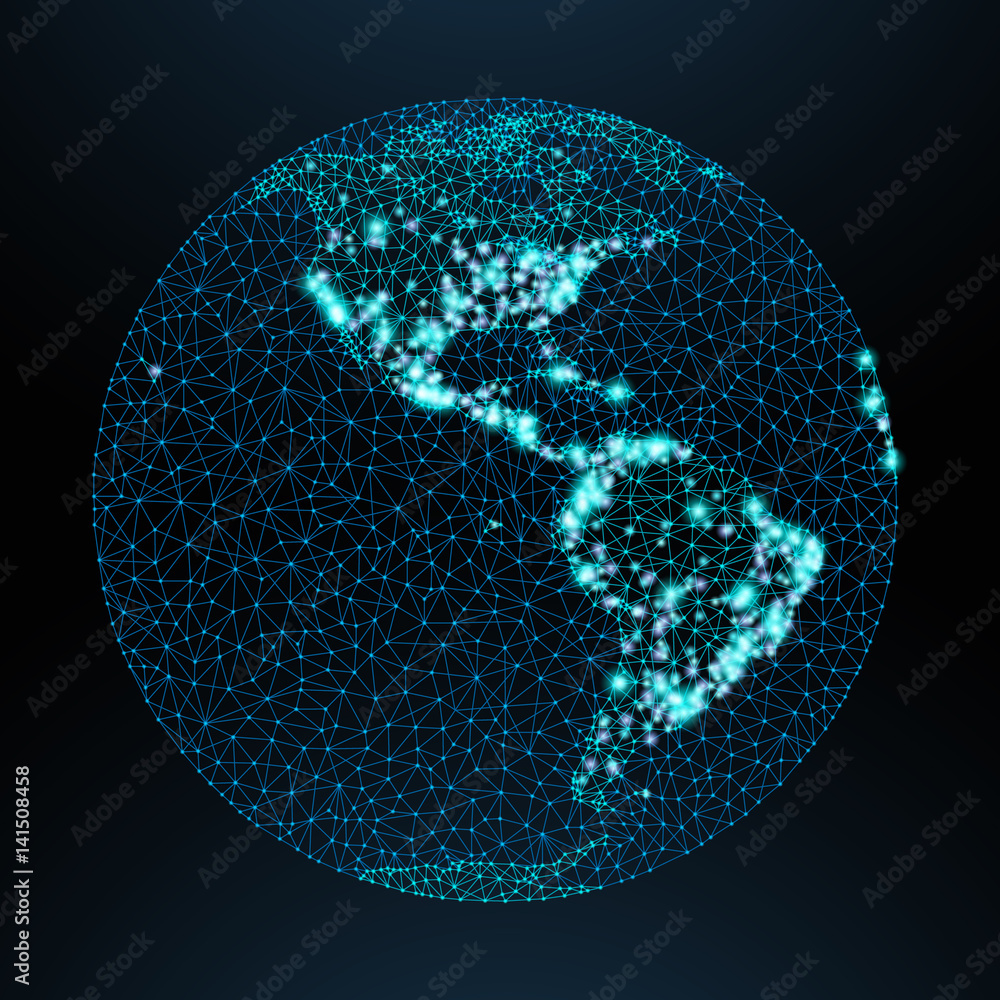 Vector low-poly image of a globe with lights in the form of world ...