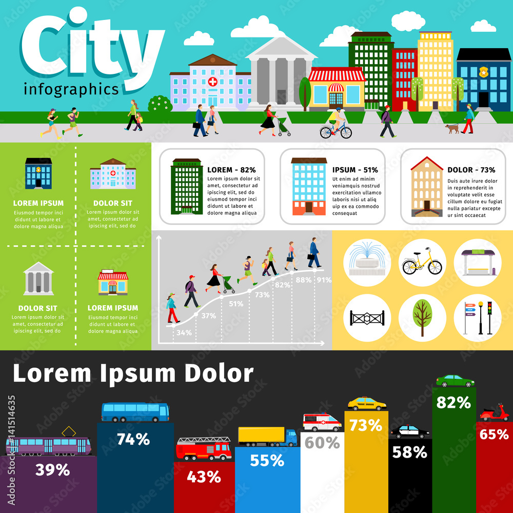City infographics elements. Vectors urban life and town streets ...