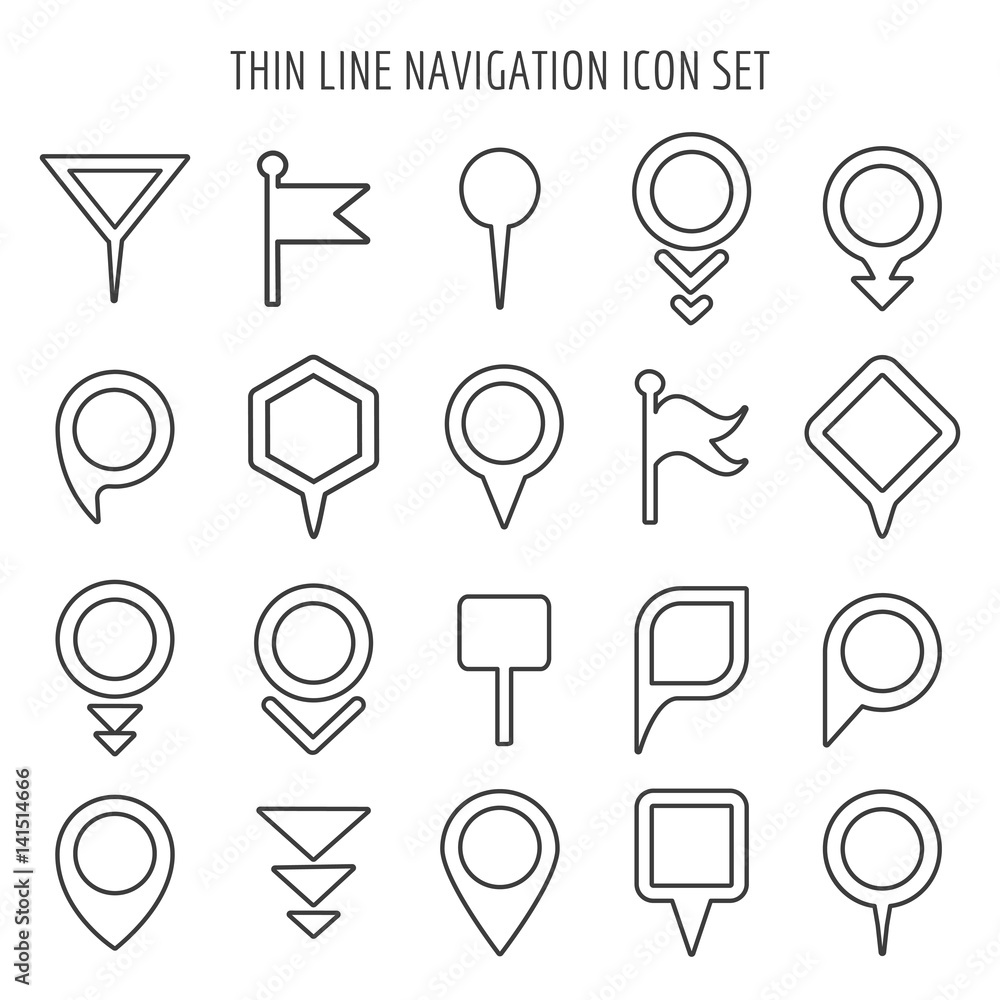 Linear map pin mini icons. Flags and pins, signs arrows thin line ...