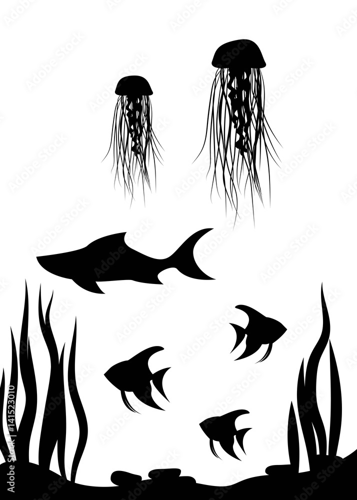 Underwater life. Fish and jellyfish floating near the seaweed vector ...