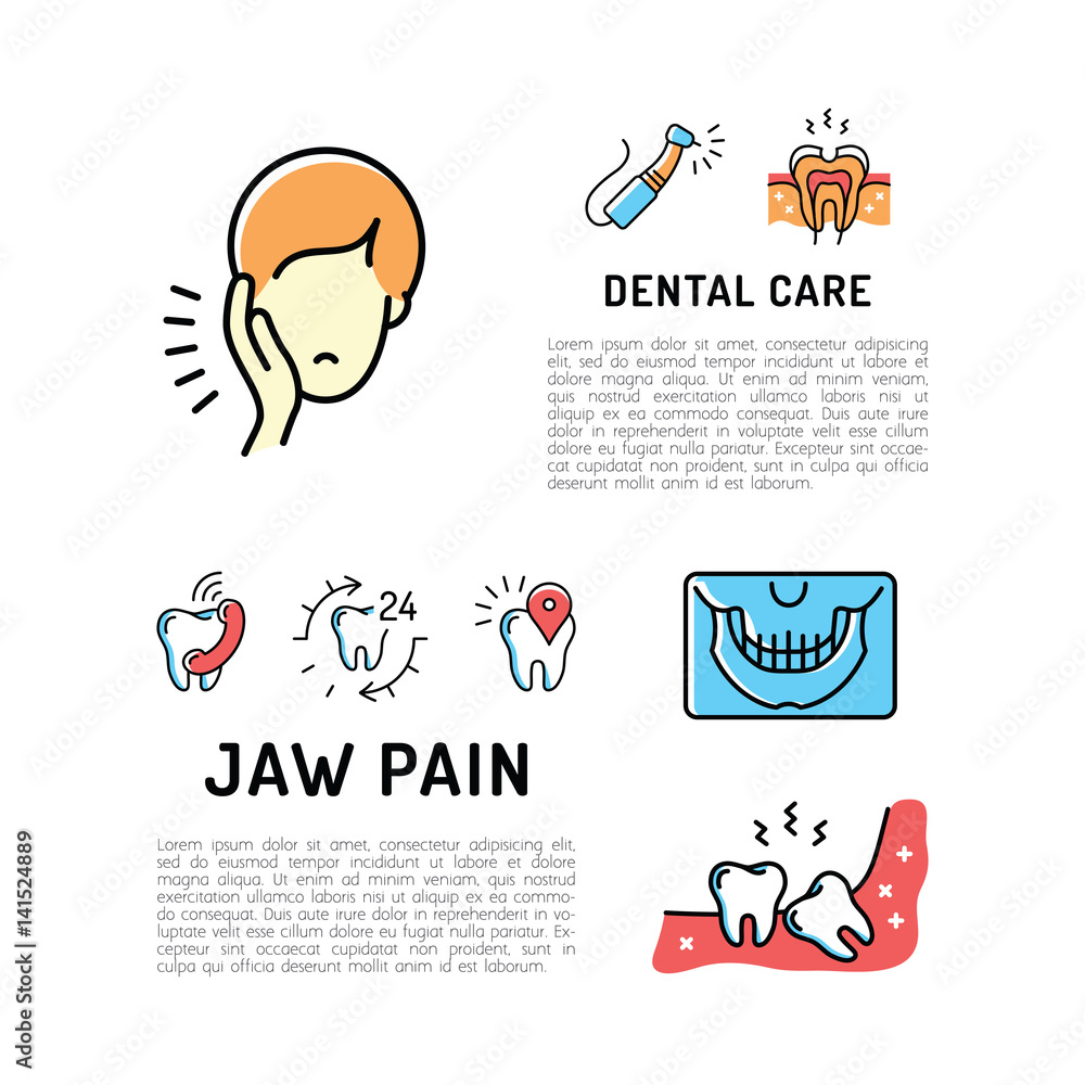Toothache and jaw pain thin line art icons, Dental care card. Dentistry ...