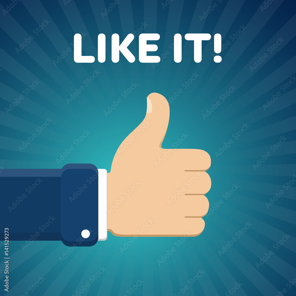Finger up vector illustration with "Like it" text on blue radial ...