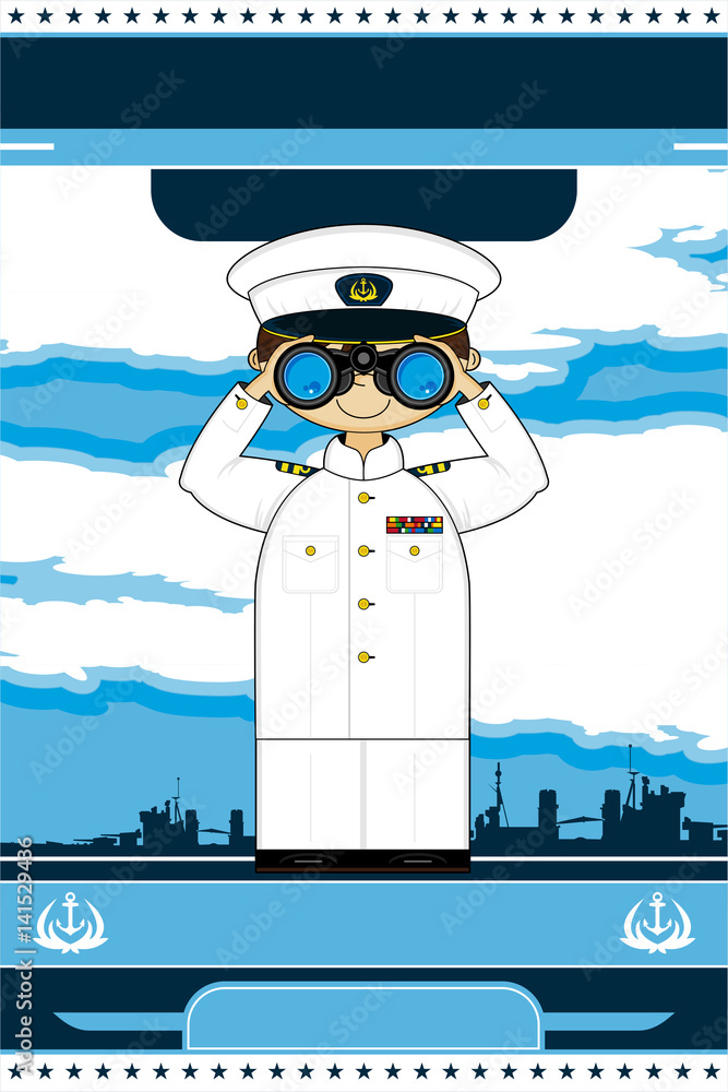 Vettoriale Stock Cute Cartoon Navy Officer with Binoculars | Adobe Stock