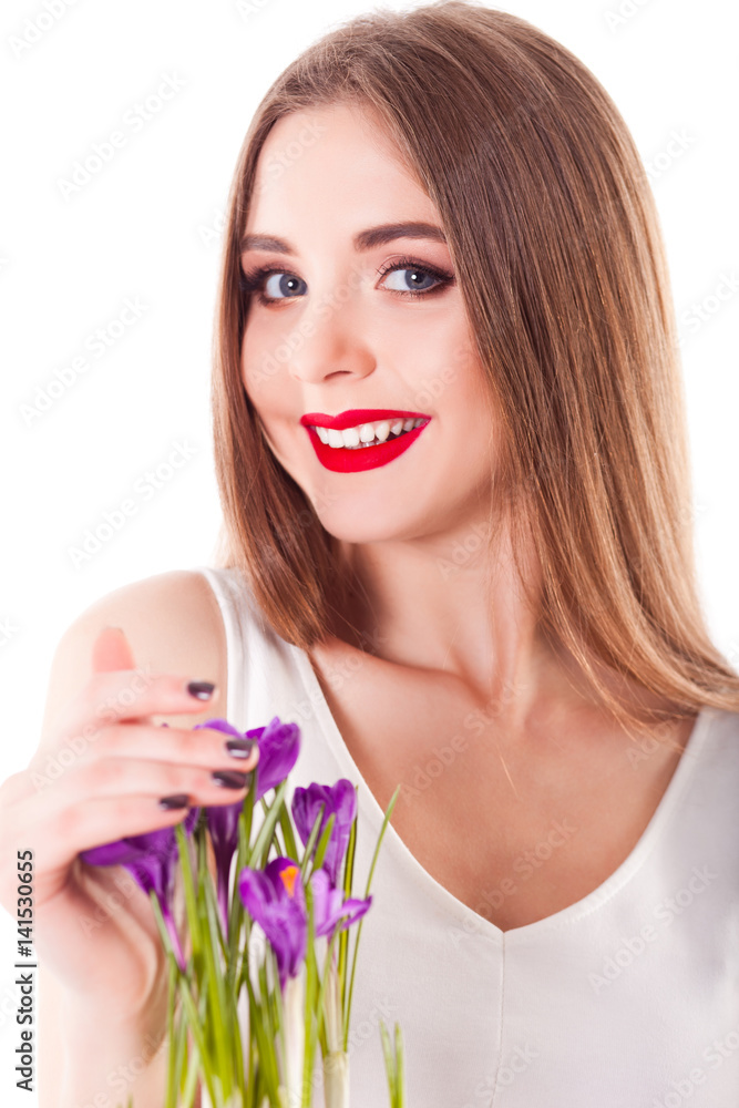 Beautiful natural model, smile, close-up portrait with flowers of ...