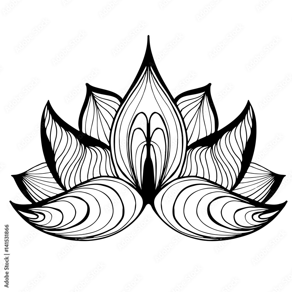 Hand drawn abstract lotus flower doodle sketch, black ink drawing ...