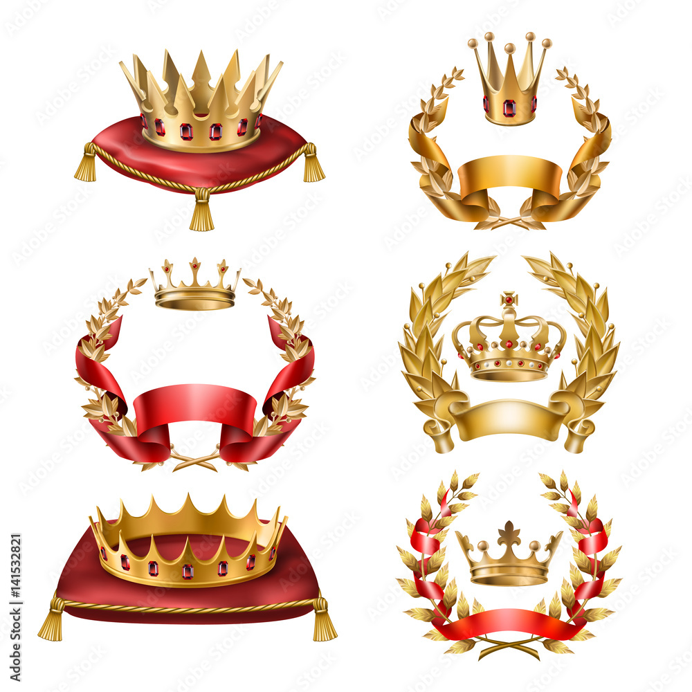 Set of vector icons of royal golden crowns and laurel wreaths isolated ...