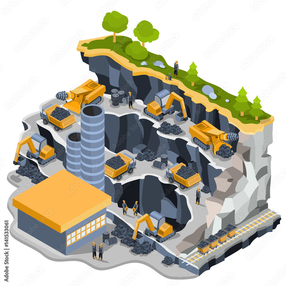 Vector 3D isometric illustration of a coal mine with miners, excavators ... Vector 3D isometric illustration of a coal mine with miners, excavators ...