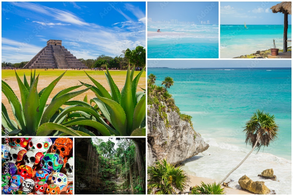 Riviera Maya Views Collage. Pyramid in Chichen Itza, Tulum, Cancun ...