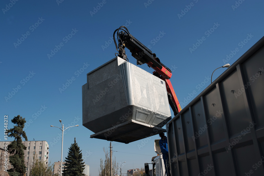 Trash can. Landfill. Crane for loading. Ecology. Waste management ...