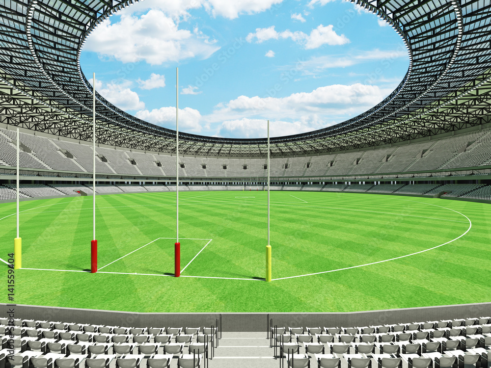 3D render of a round Australian rules football stadium with white seats ...