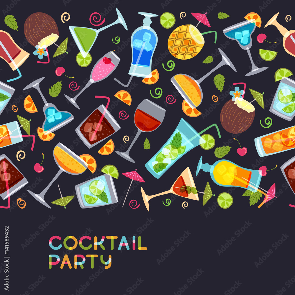 Vector seamless horizontal background with cocktails, juice, wine ...