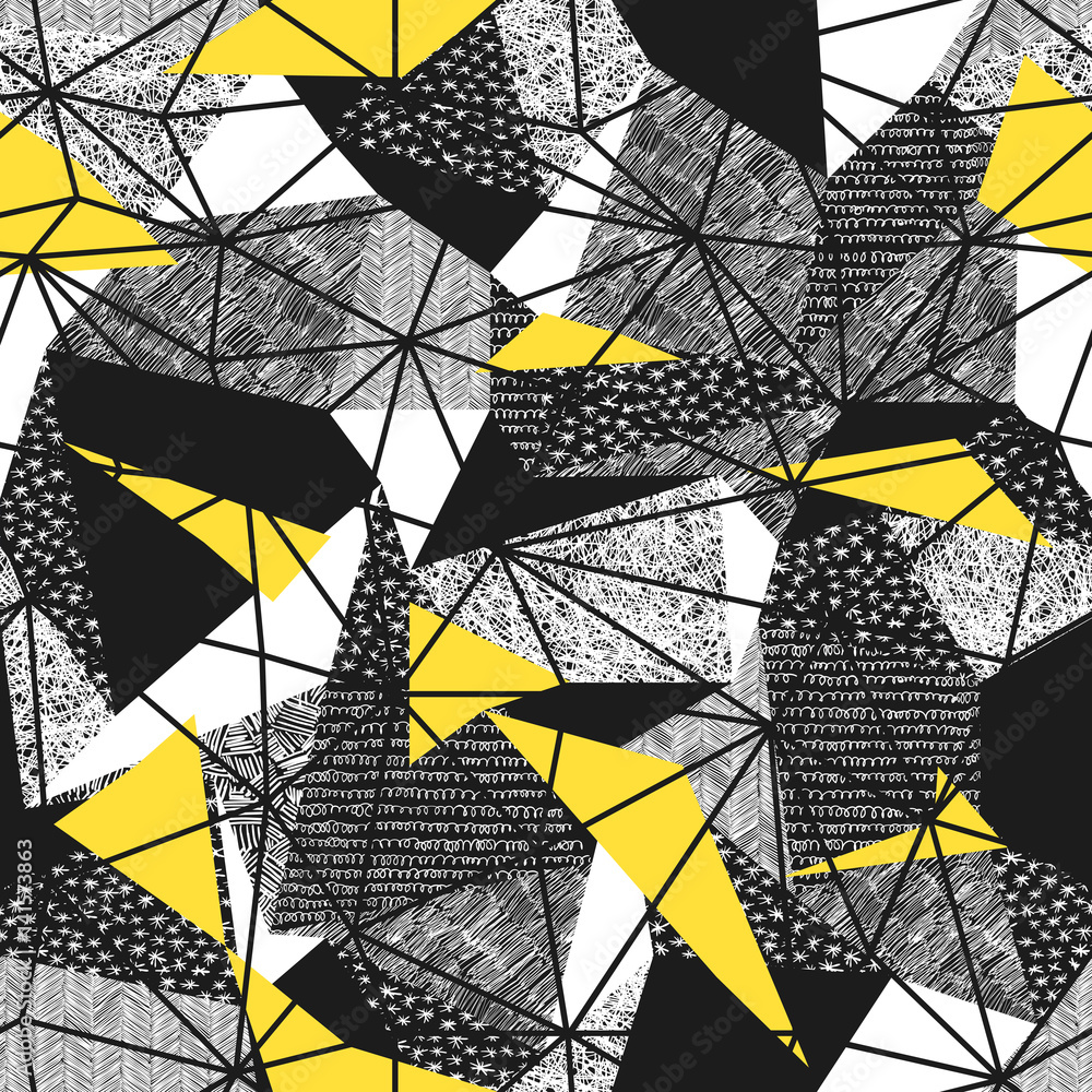 Geometric seamless pattern in retro style. Vintage background.Triangles and hand drawn patterns ...