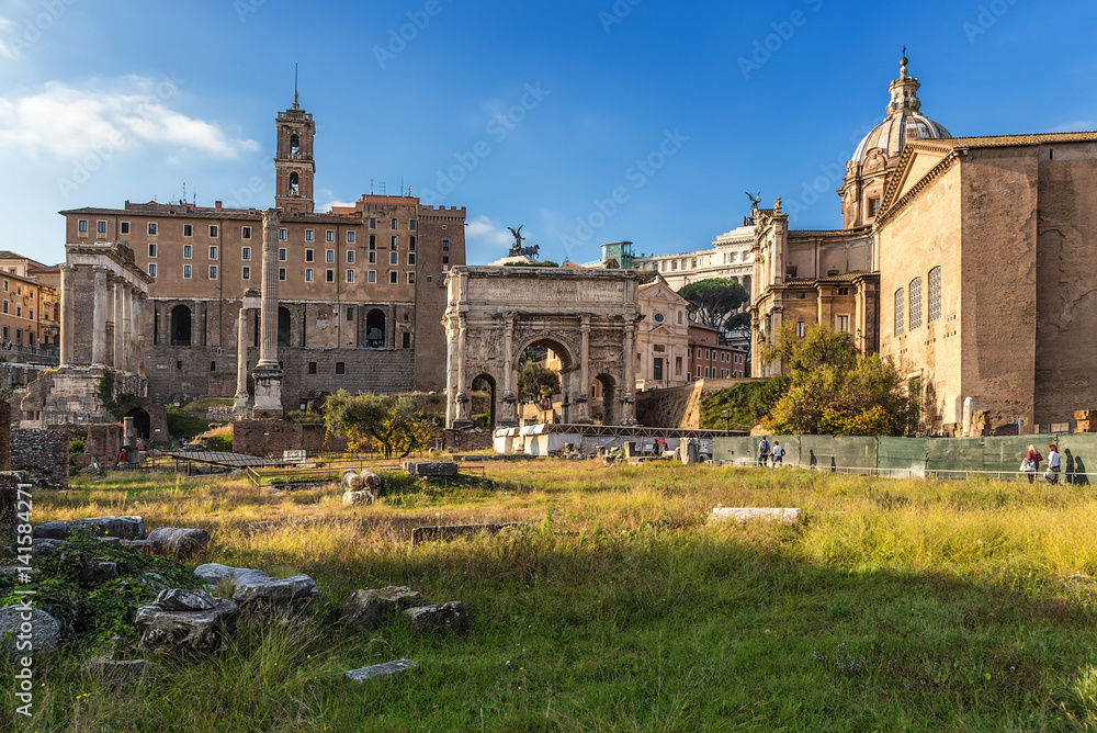 Rome, Italy. The ruins of the Roman Forum: the temple of Saturn, the ...