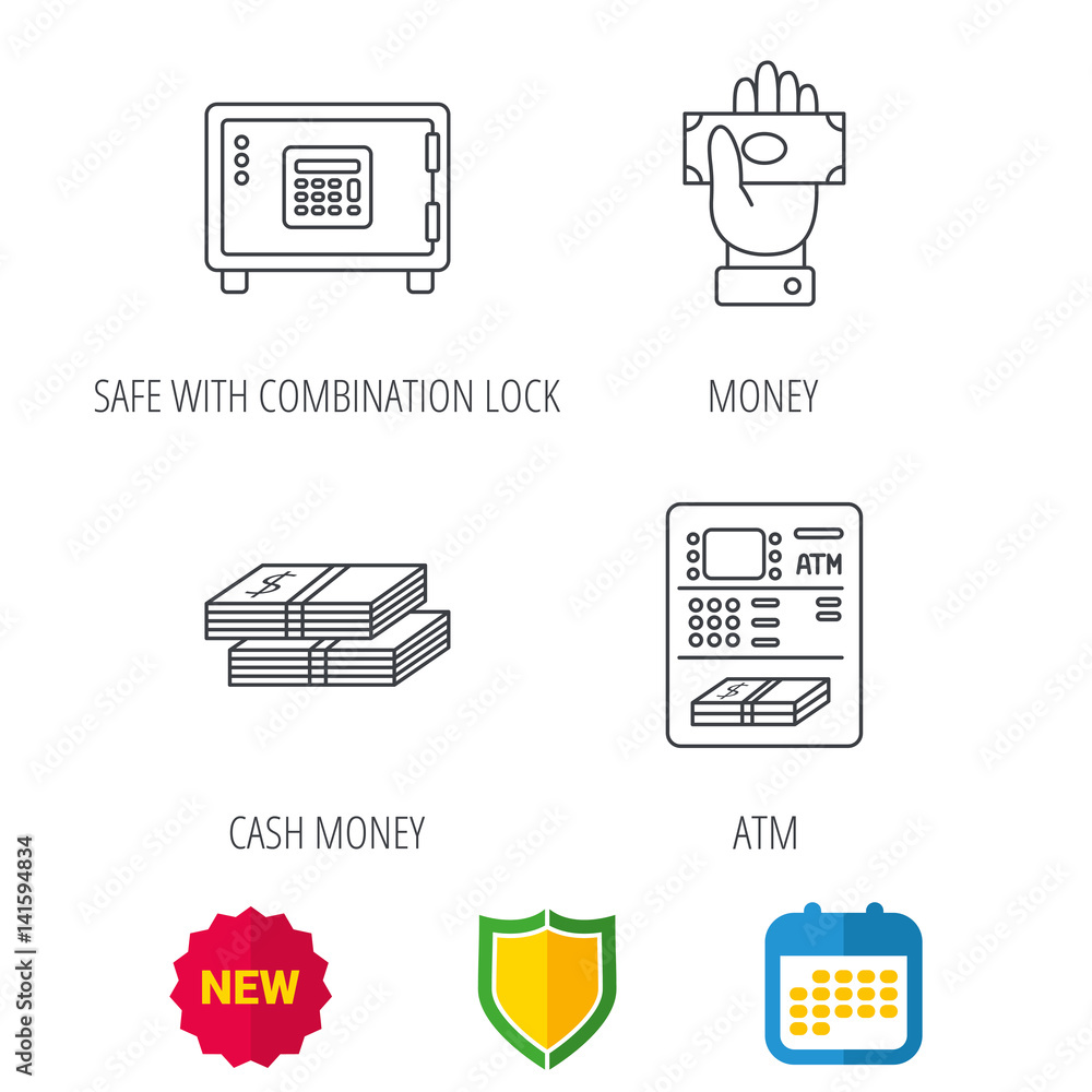 Give money, cash money and ATM icons. Safe box linear sign. Shield ...