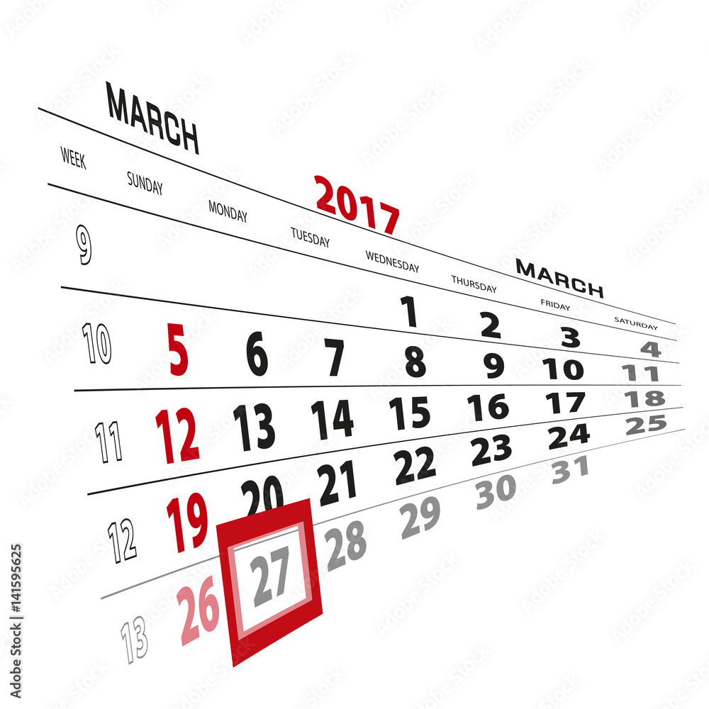 March 27, highlighted on 2017 calendar. Stock Vector | Adobe Stock