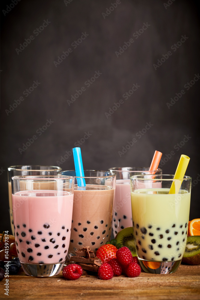 Fruity milky bubble tea with tapioca pearls Stock Photo | Adobe Stock