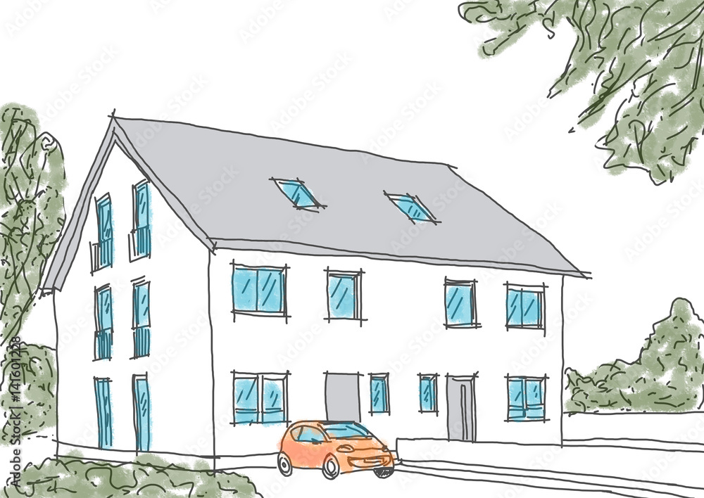 Freehand sketch drawing of semi-detached house Stock Illustration ...