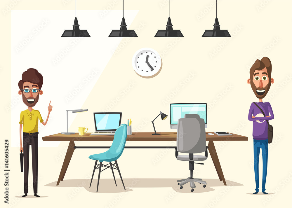 Modern workplace. Creative character. Office work. Cartoon vector ...