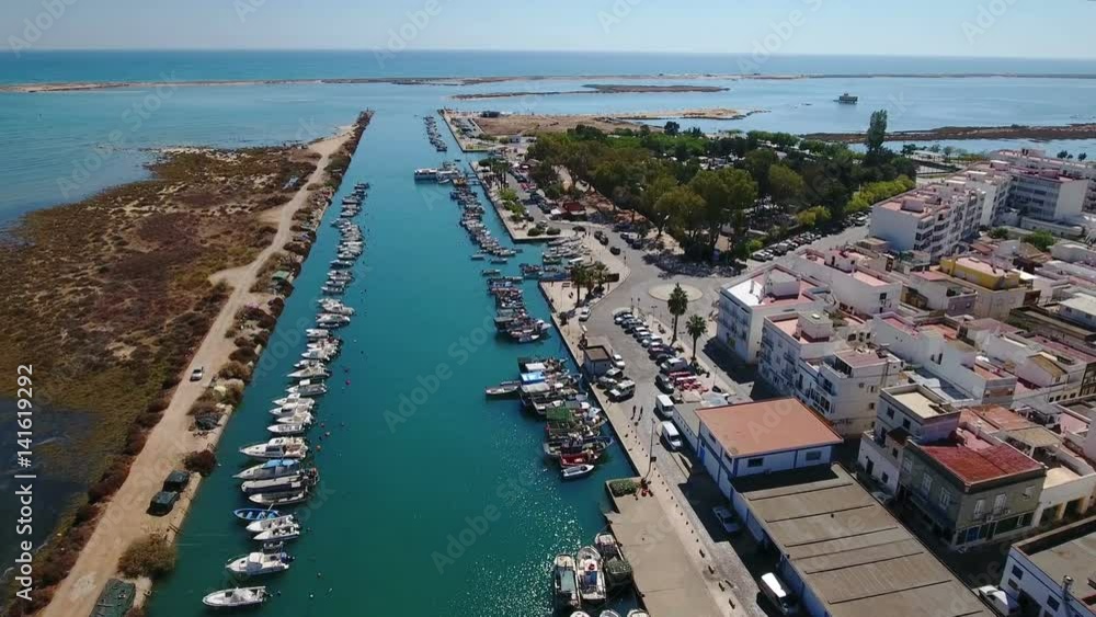 Aerial. View from sky of village of Fuseta on Ria Formosa. Stock Video ...