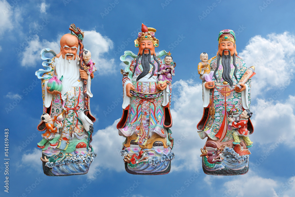 Three gods of Chinese people isolated on cloud sky background, Hock Lok ...