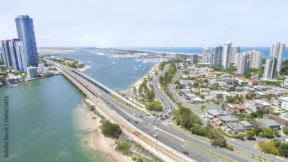 Aerial view of traffic on Gold Coast highway, Sundale bridge and ...