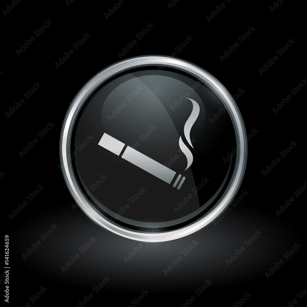 Smoking tobacco symbol with cigarette icon inside round chrome silver and black button emblem on ...