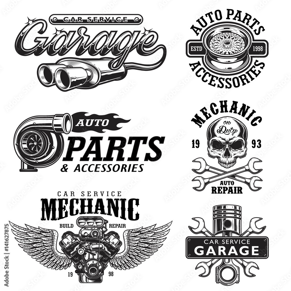 Set of vintage monochrome auto repair service templates of emblems ...
