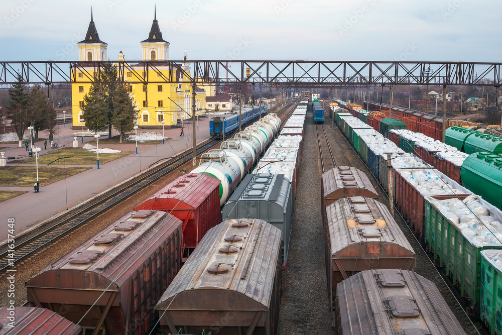 Freight wagons at the station. Rail transportation. Freight. A train ...