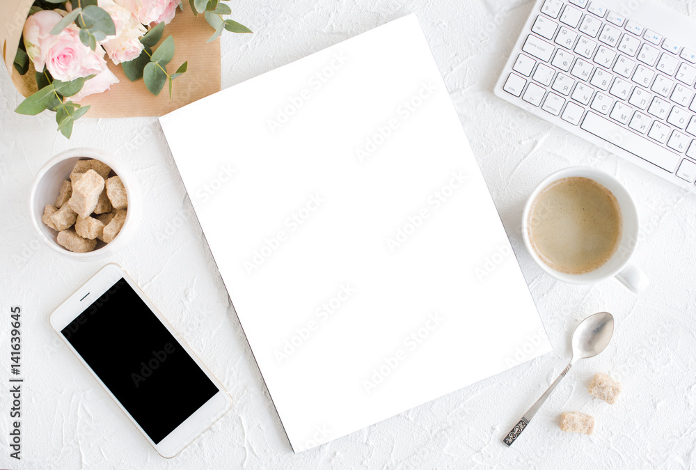 feminine background with coffee, smartphote, roses and magazine Stock ...