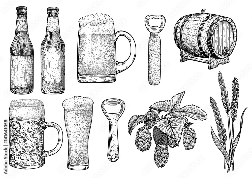 Beer glass, bottle, cup, barrel, hop, wheat, opener illustration ...