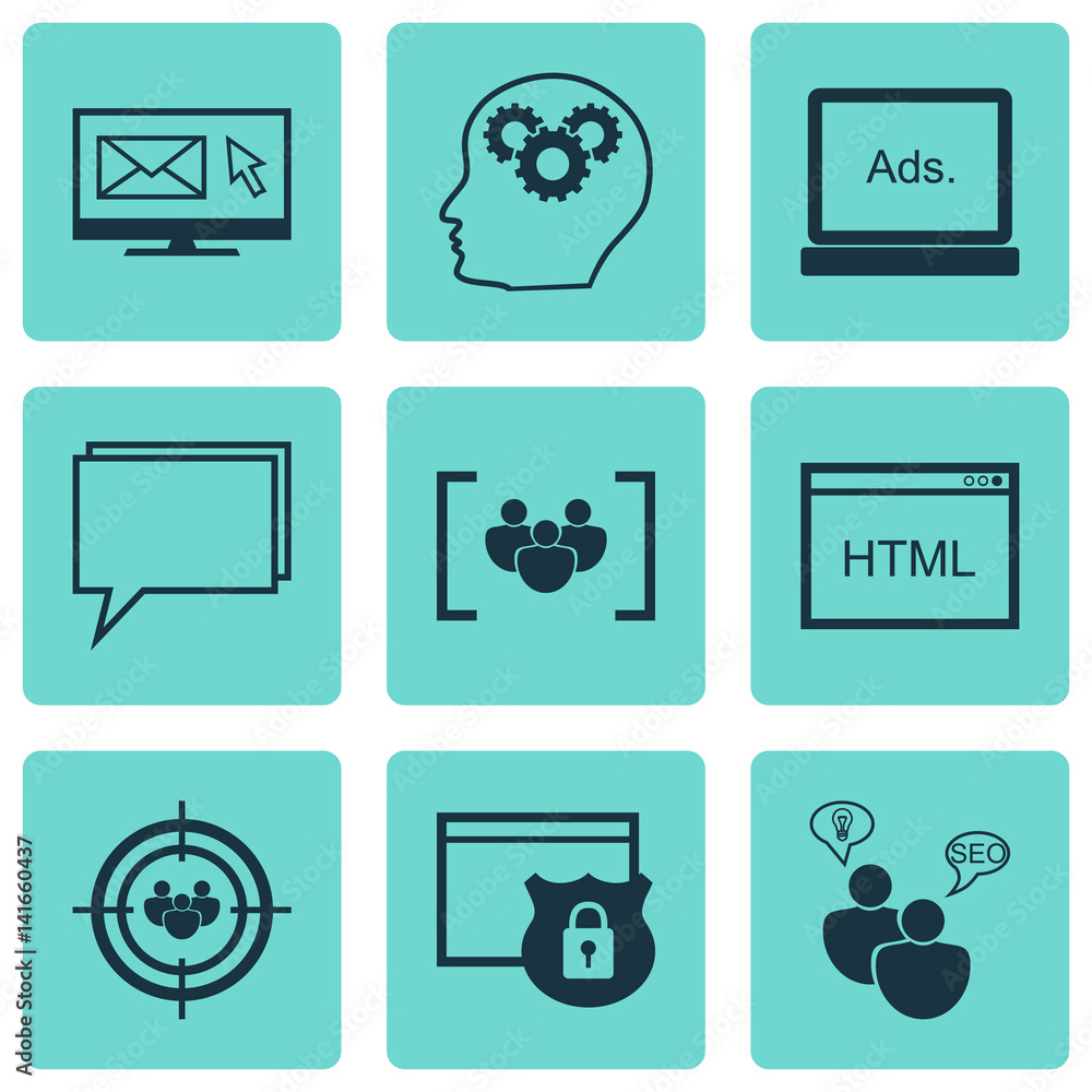 Set Of 9 Advertising Icons. Includes Intellectual Process, Conference ...