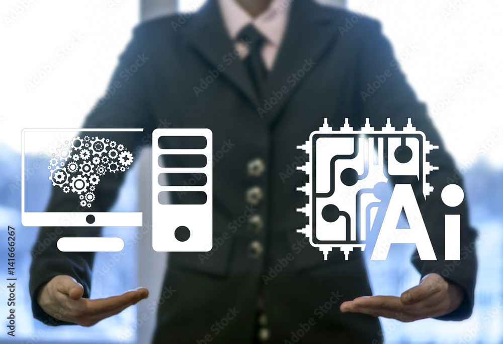 Integrated Artificial intelligence, Smart Computer. Man offers icons AI ...