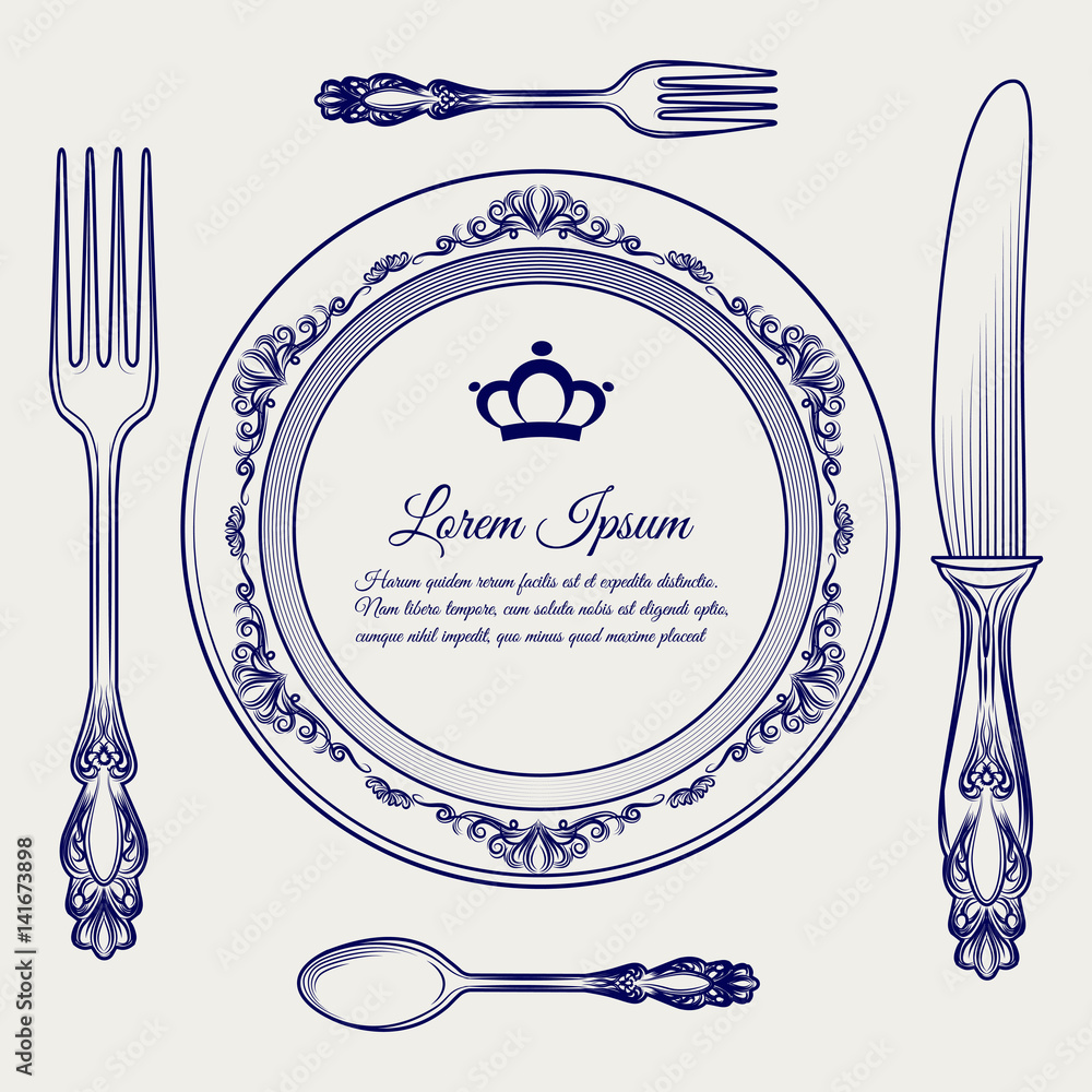 Dinner ready vector illustration with cutlery vintage set. Ball pen ...
