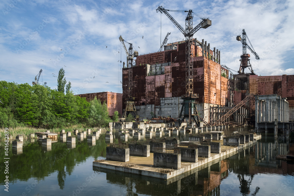 Chernobyl nuclear power station with damaged reactor block 5 in the ...