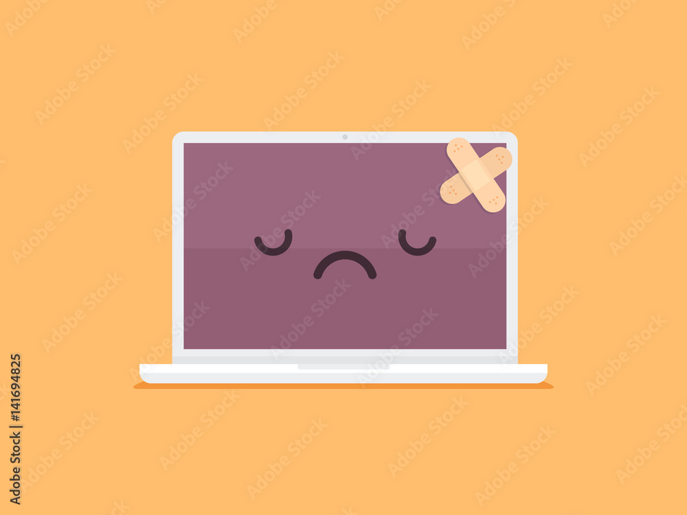 White laptop computer cartoon character with bandage showing sad face ...