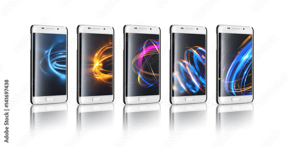 White smartphone stands on a reflective table with a beautiful screen ...