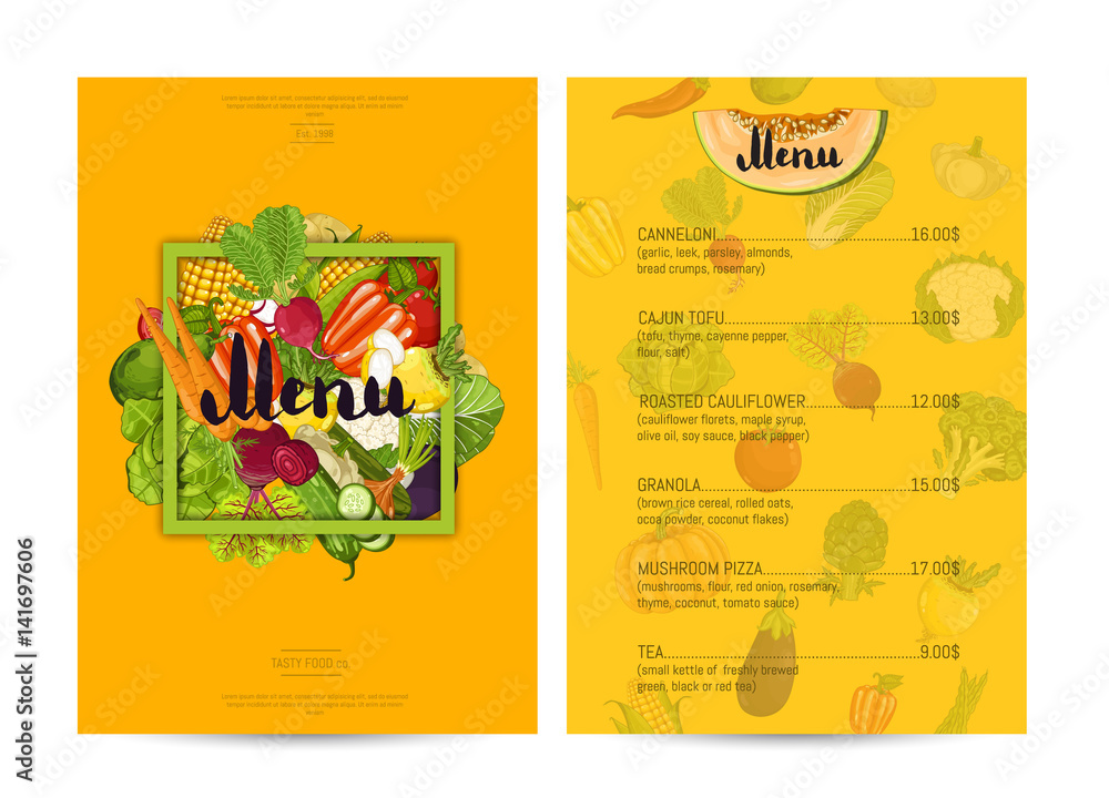 Vegetarian restaurant food menu design vector illustration. Vegan cafe ...