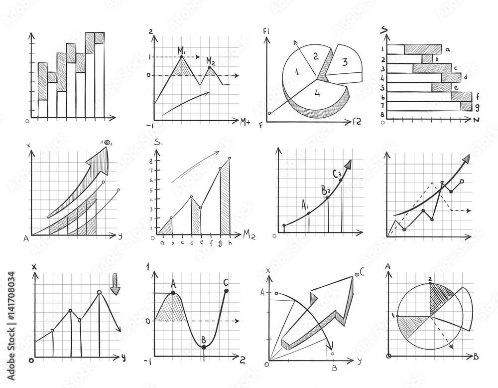 Cartoon sketch business graphic, charts vector doodle infographics ...