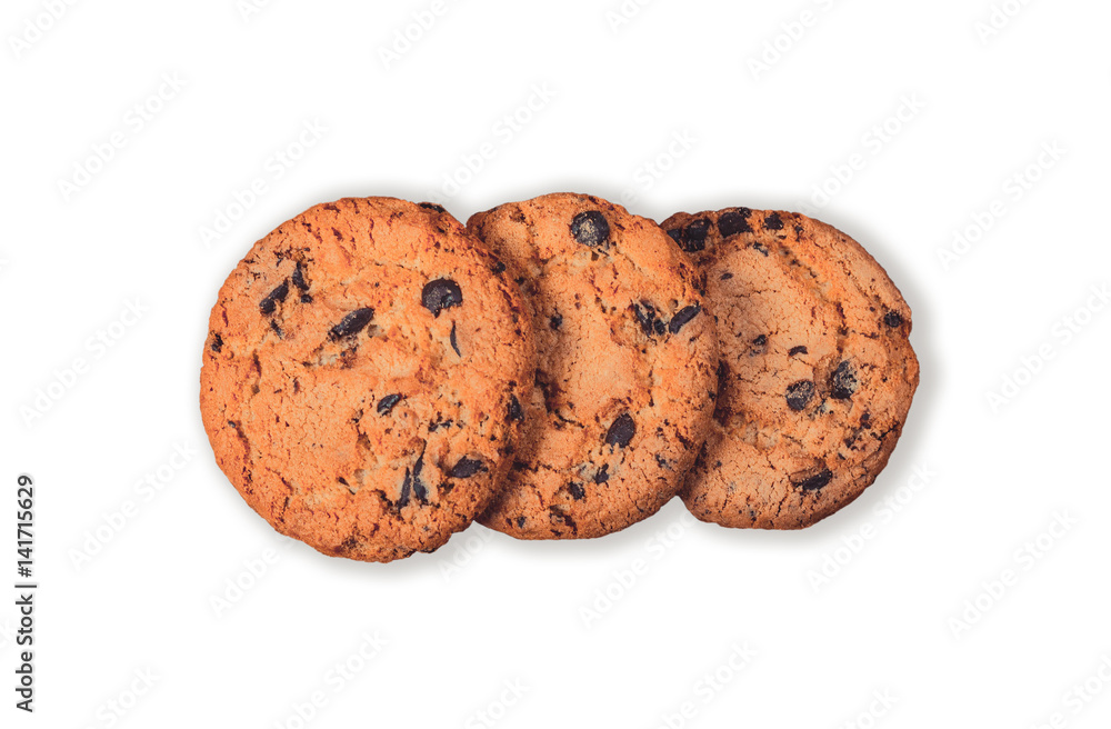 Three chocolate chip cookies isolated on white background. Three ...