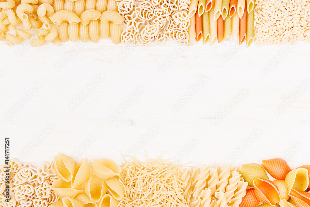 Pasta background decorative border of assortment different kinds ...