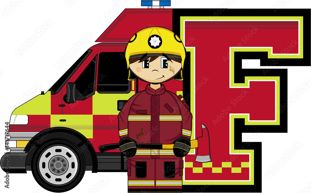 F is for Fireman Alphabet Learning Illustration Stock Vector | Adobe Stock