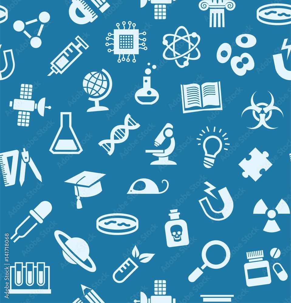 Science, background, seamless, blue, vector. The bright, flat icons on ...