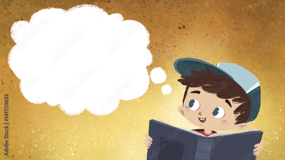 Niño pensando imaginando mientras lee un libro Stock Illustration ...