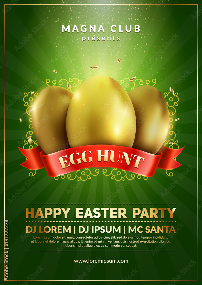 Happy Easter Party flyer design. "Egg Hunt" club poster. Golden eggs ...