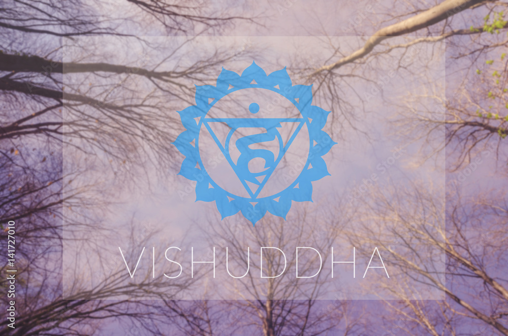 Vishuddha chakra symbol. Poster for yoga class with sky view. Stock ...