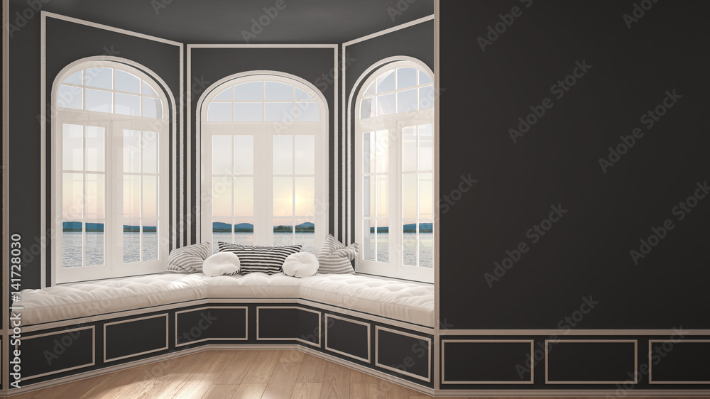Big window with sea panorama, minimalist empty space, background ...