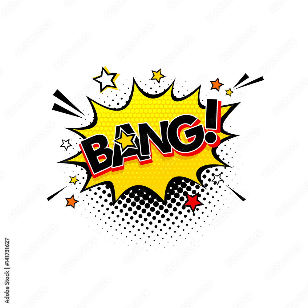 Comic speech bubble with expression text Bang! and stars. Vector bright ...