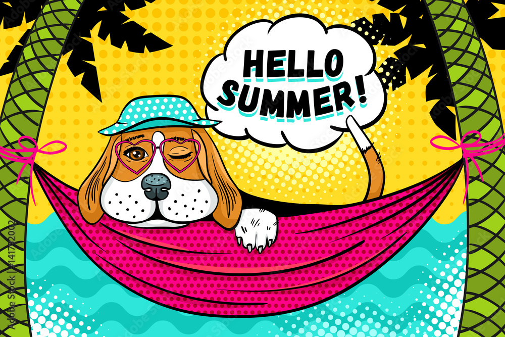 Vetor de Hello summer! Cute dog in panama and glasses in the shape of a ...