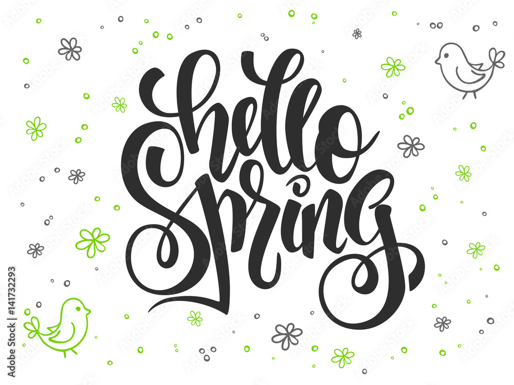 vector hand lettering greetings text - hello spring with doodle flowers ...